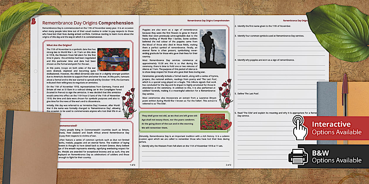 Remembrance Day Origins Comprehension (teacher made)