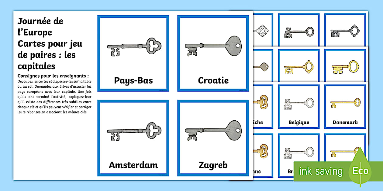Cartes pour jeu de paires : Capitales de pays de l'Union européenne