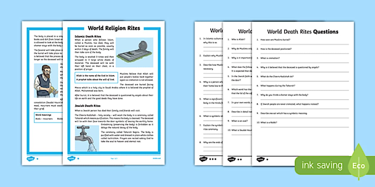 World Religion Death Rites Differentiated Reading Comprehension Activity