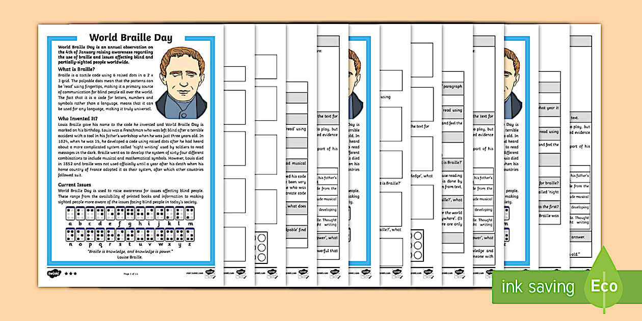 World Braille Day Differentiated Reading Comprehension Activity