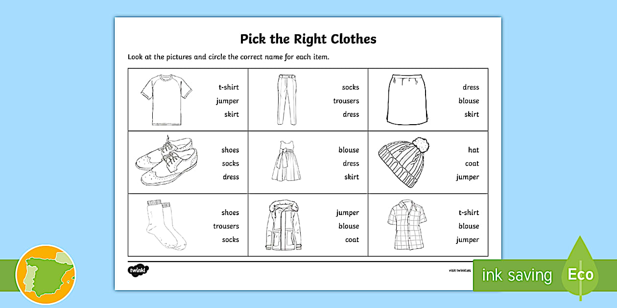 A1 Ficha de actividad: Elige la ropa correcta en inglés