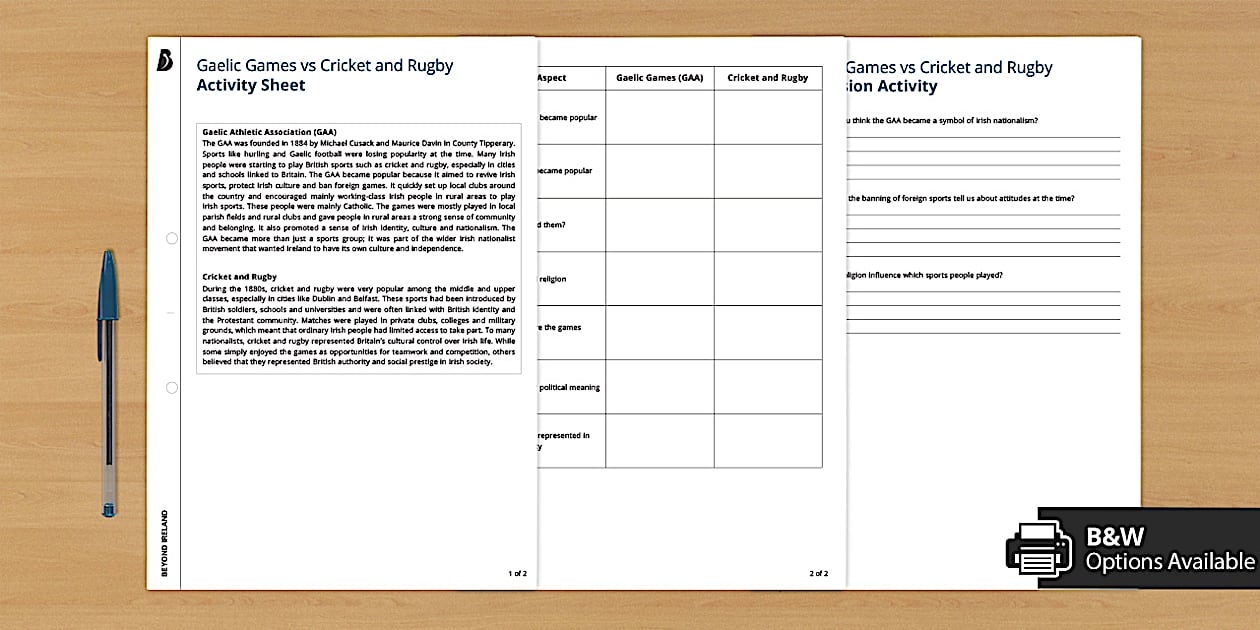Gaelic Games vs Cricket and Rugby Activity Sheet