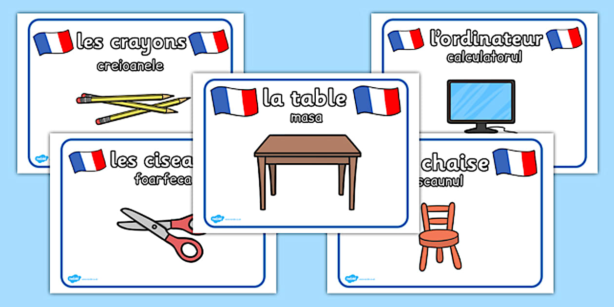 Obiectele din clasa, Cartonase franceza-romana - Twinkl