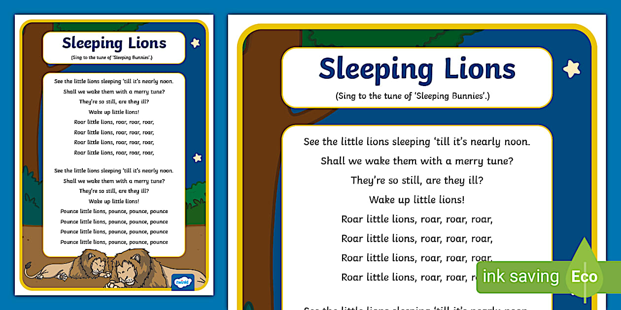 Sleeping Lions Nursery Rhyme Poster (teacher made) - Twinkl