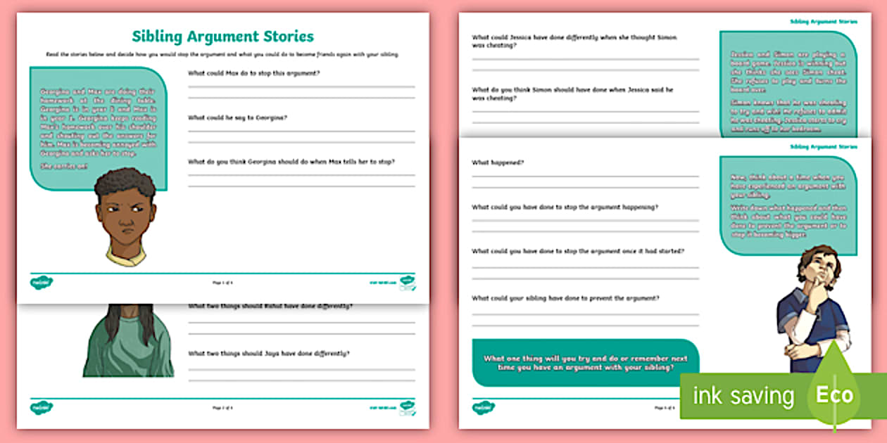 Sibling Argument Stories and Questions Worksheet - Twinkl