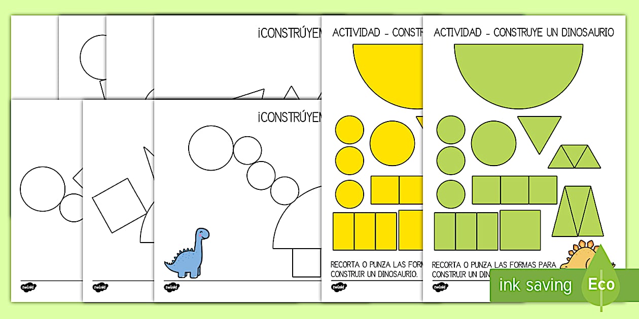 Ficha de construir un dinosaurio de figuras planas - Twinkl