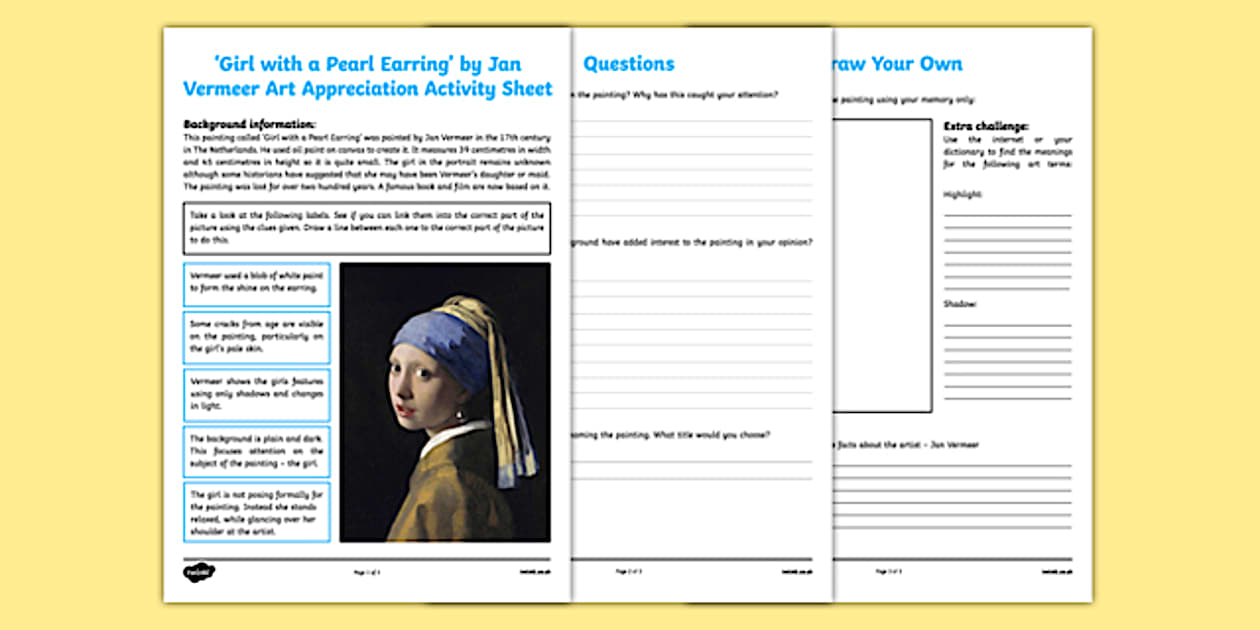 Girl with the Pearl Earring by Vermeer Art Appreciation Worksheet ...