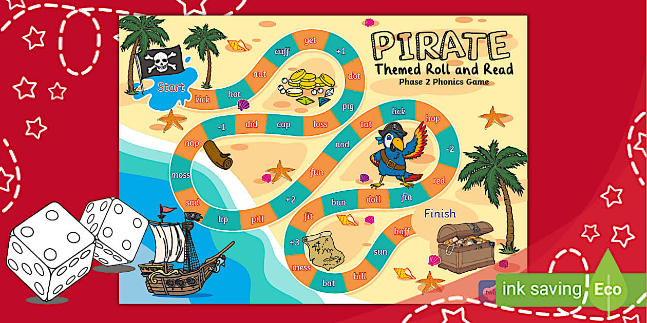 Pirate-Themed Roll and Read: Phase 2 Phonics Game - Twinkl
