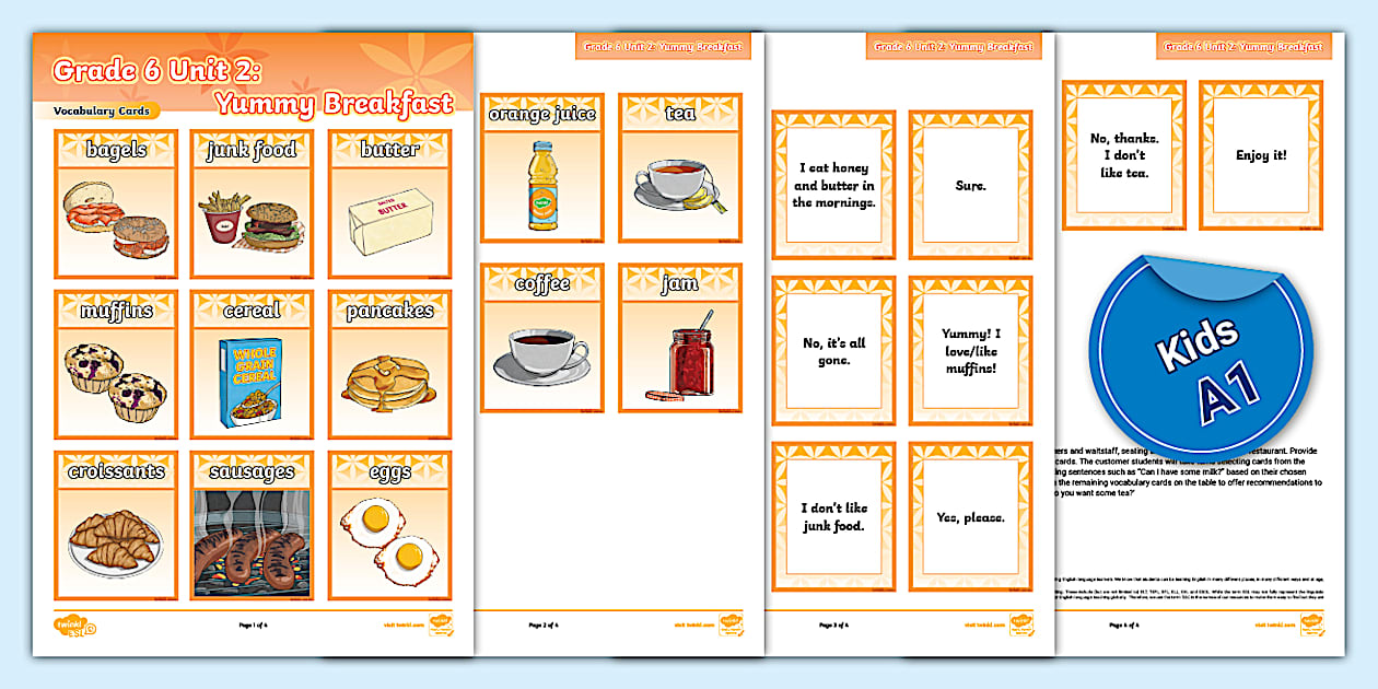 Grade 6 Unit 2 Flashcards - Yummy Breakfast (teacher made)