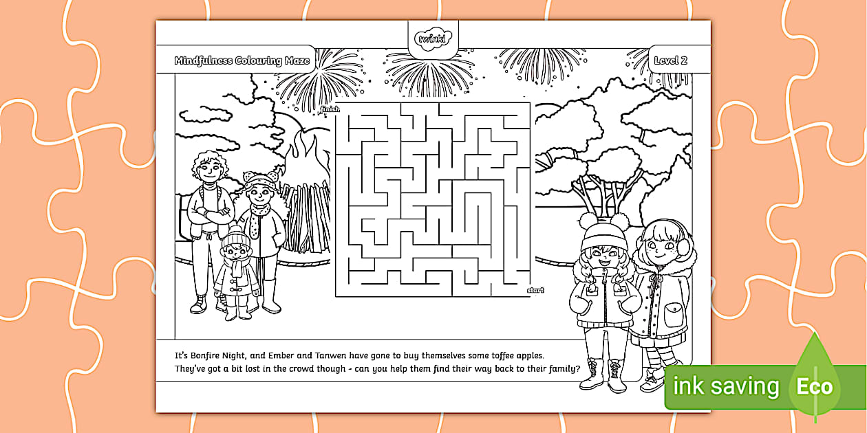 Bonfire Night Mindfulness Colouring Maze – L2 - Twinkl