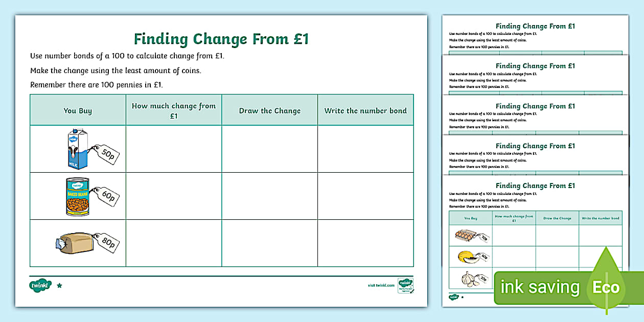 👉 KS1 Finding Change from £1 Activity Sheet - Twinkl