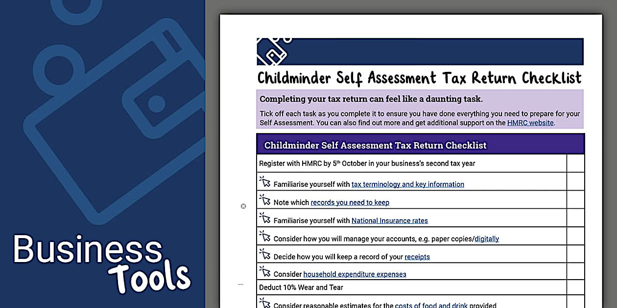 Childminder Self Assessment Tax Return Checklist - Twinkl