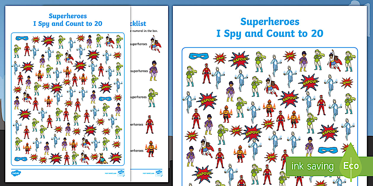 Superheroes I Spy and Count Activity to 20 (teacher made)