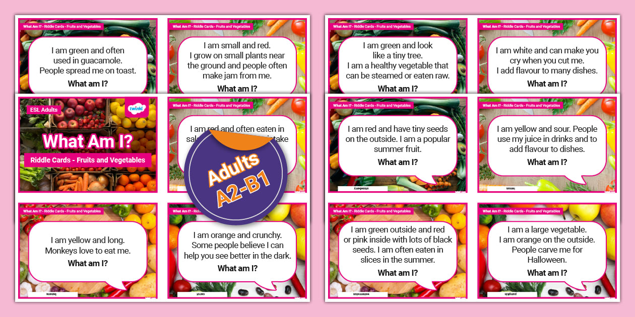 ESL What Am I? Riddle Cards - Fruits and Vegetables [A2-B1]