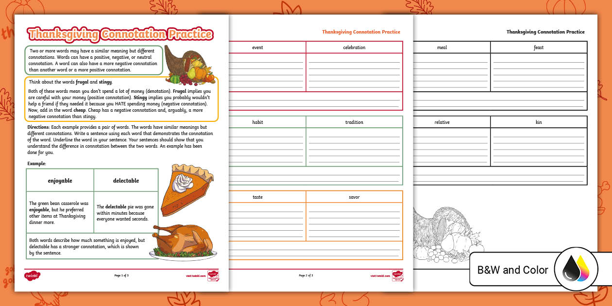 Thanksgiving Writing Connotation Practice for 6th-8th Grade