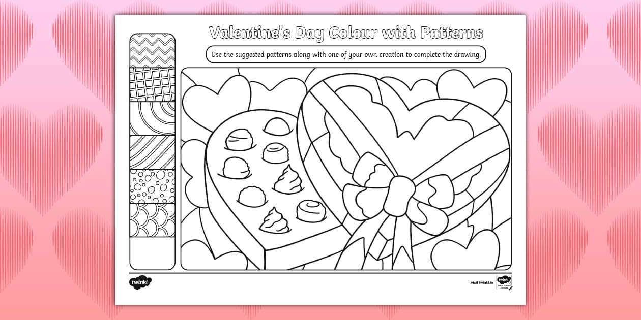 Valentine's Day Box of Chocolates Colour with Patterns Activity