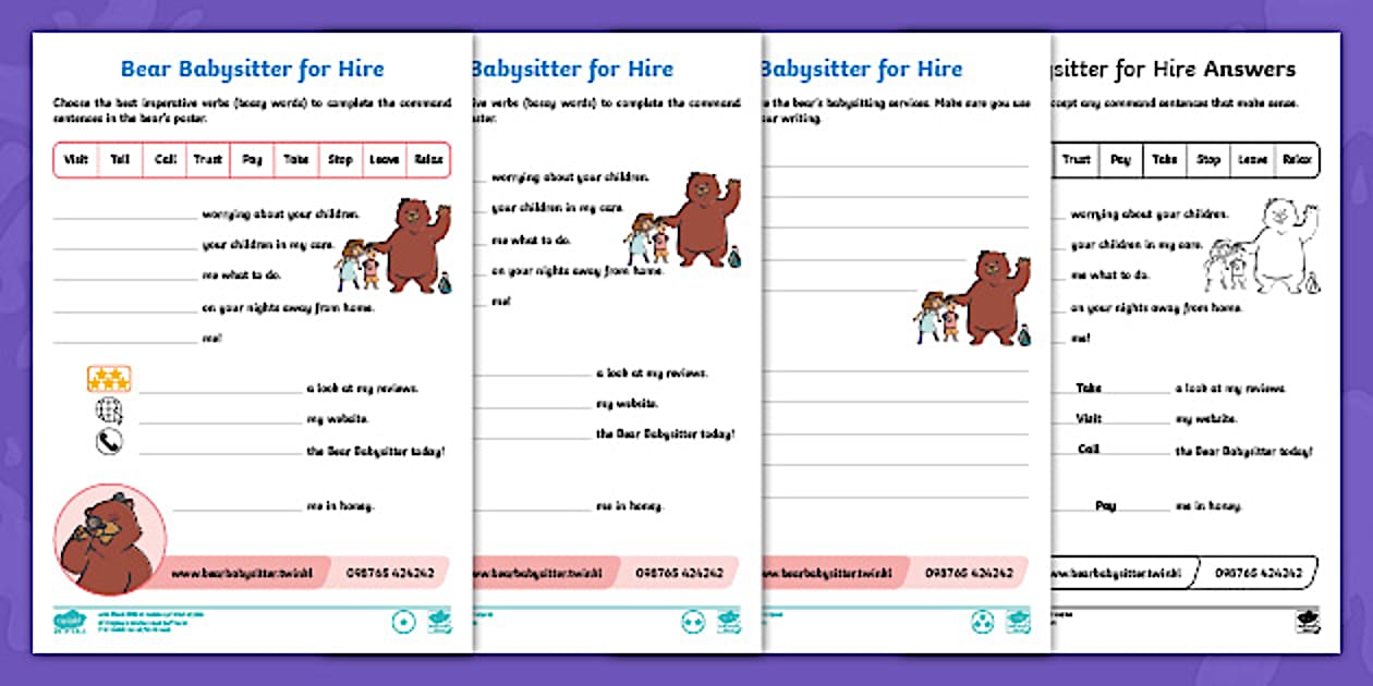 The Bear Who Came to Babysit: Year 2 Command Sentences Writing Worksheet