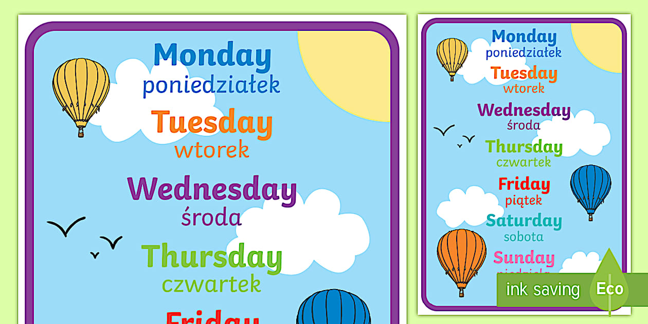 Days of the Week A4 Display Poster English/Polish - Twinkl