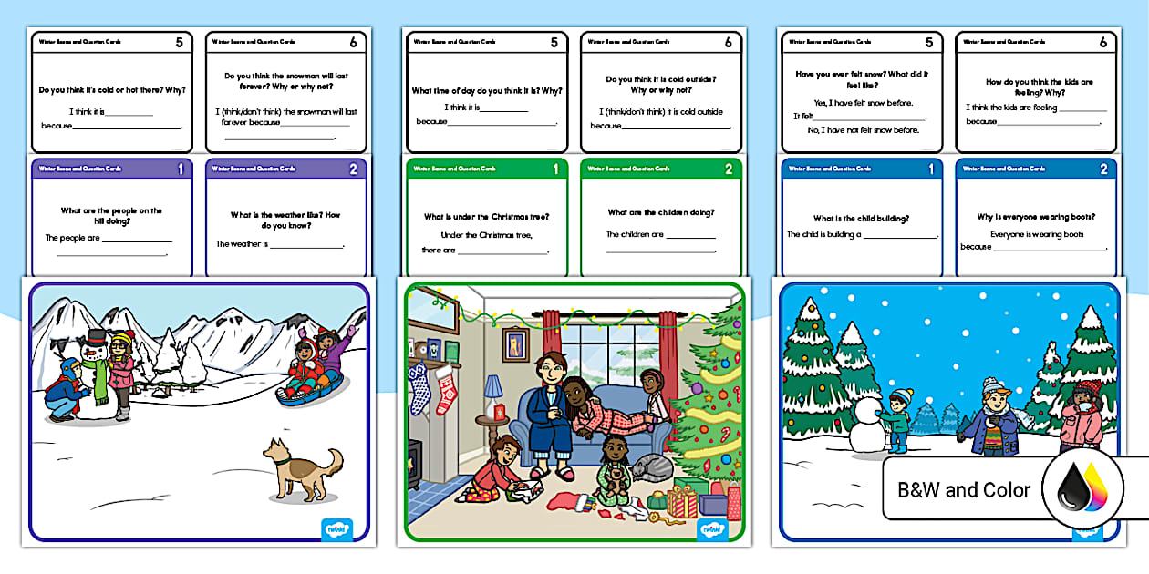 Winter Scene and Picture Cards With Prompts for ELL - Twinkl