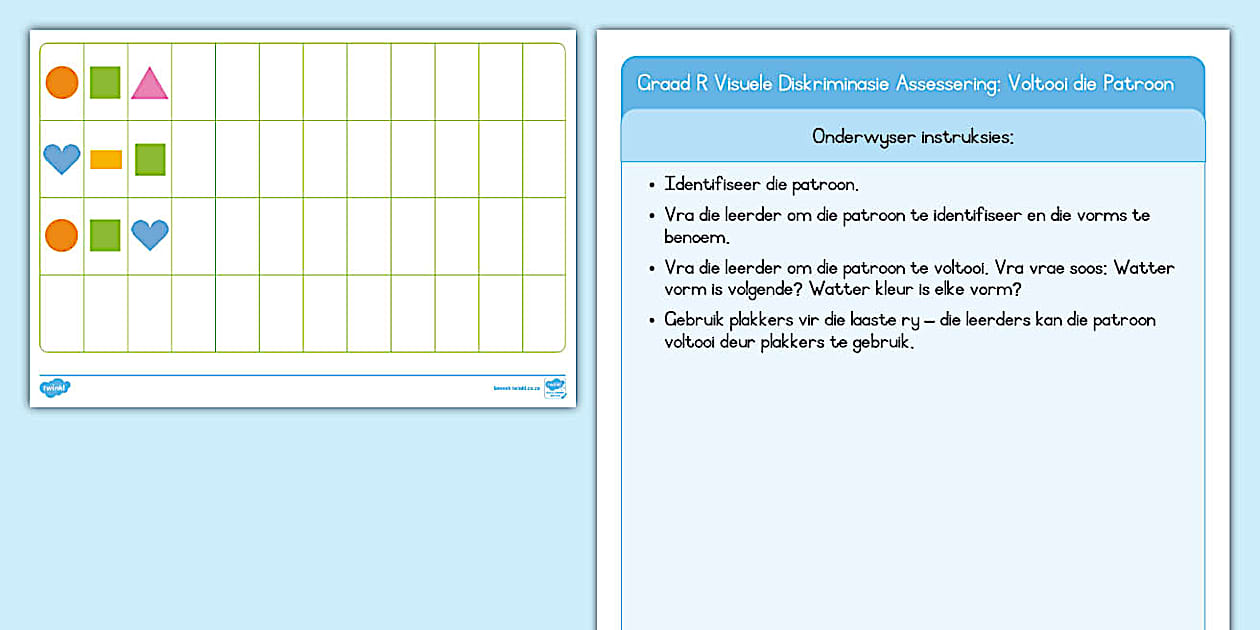 Graad R Assessering Werkblad: Voltooi die Patroon - Twinkl