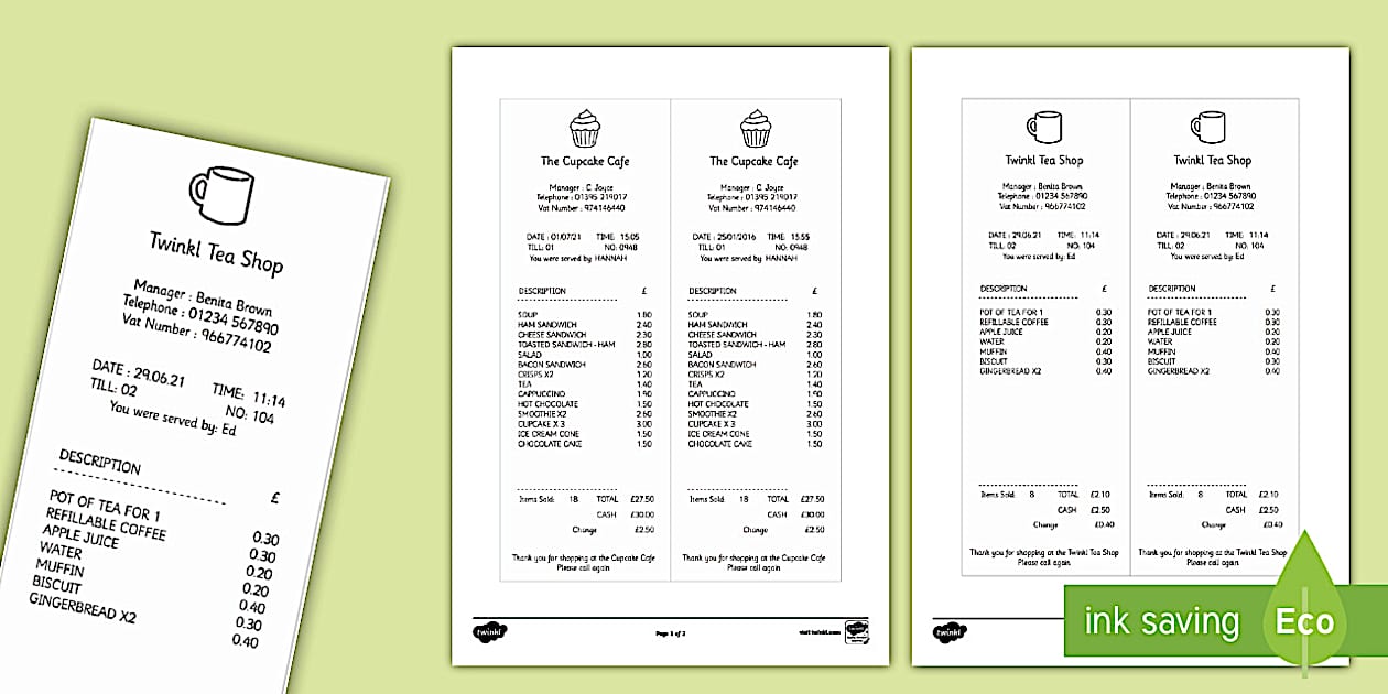 Editable Role Play Cafe Realistic Shopping Receipts - Twinkl