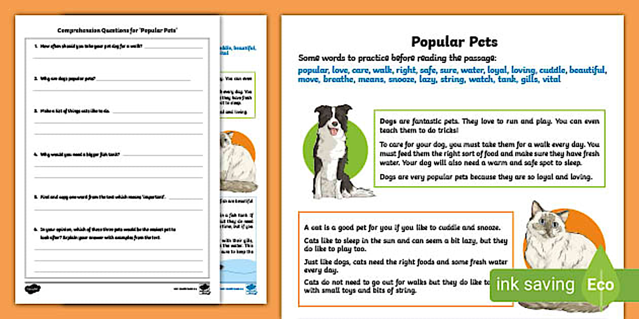 Decodable Text with Comprehension Questions - Popular Pets
