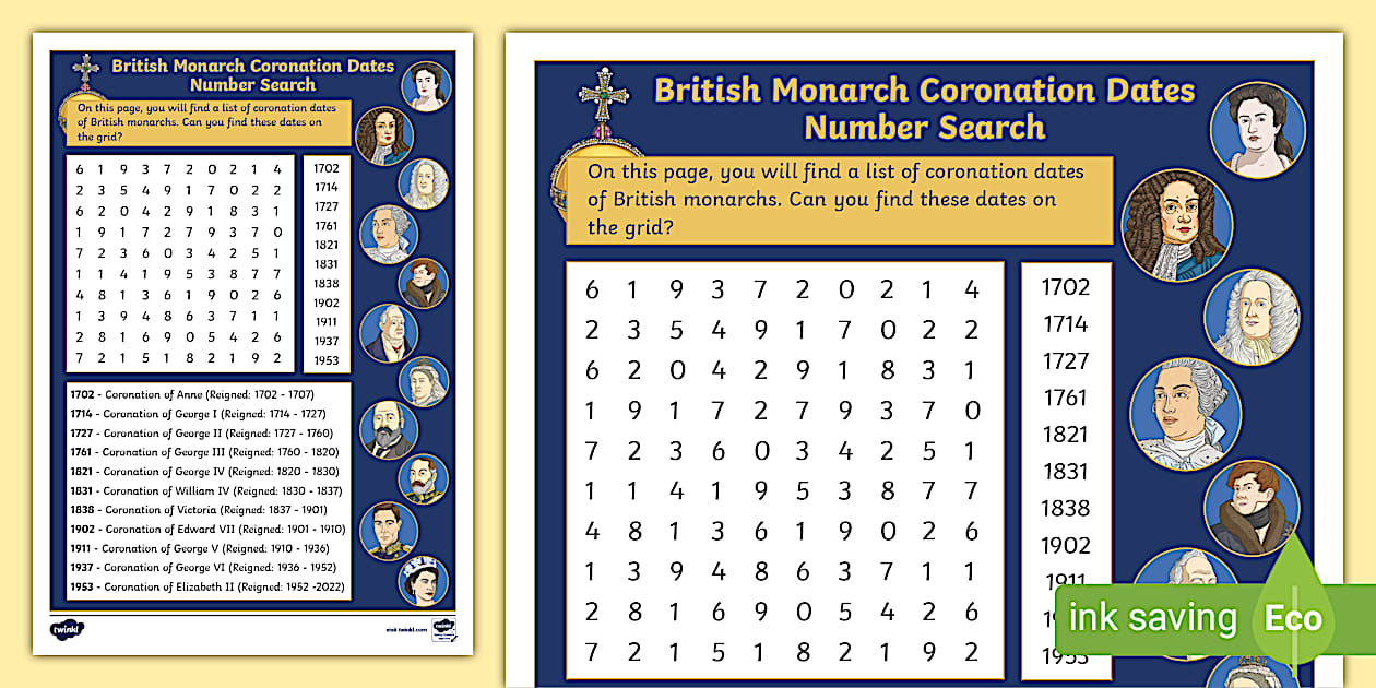 British Monarch Coronation Dates Number Search | Twinkl
