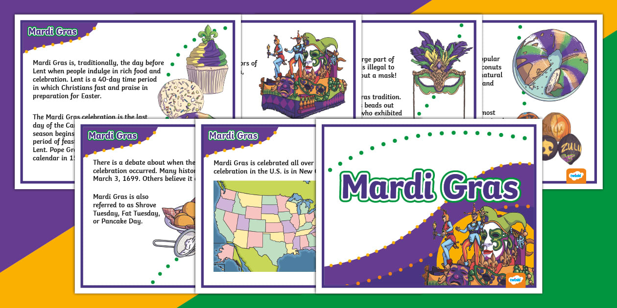 Mardi Gras Information Cards for 3rd-5th Grade - Twinkl