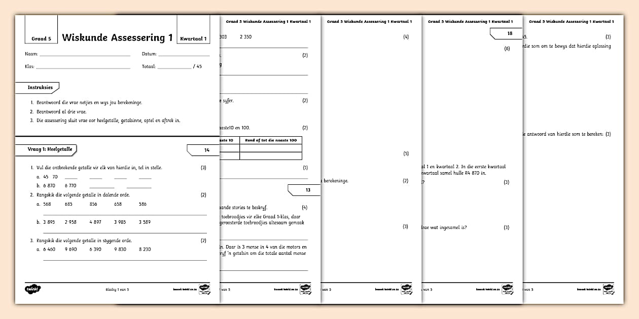 Graad 5 Wiskunde Assessering Kwartaal 1 - Twinkl