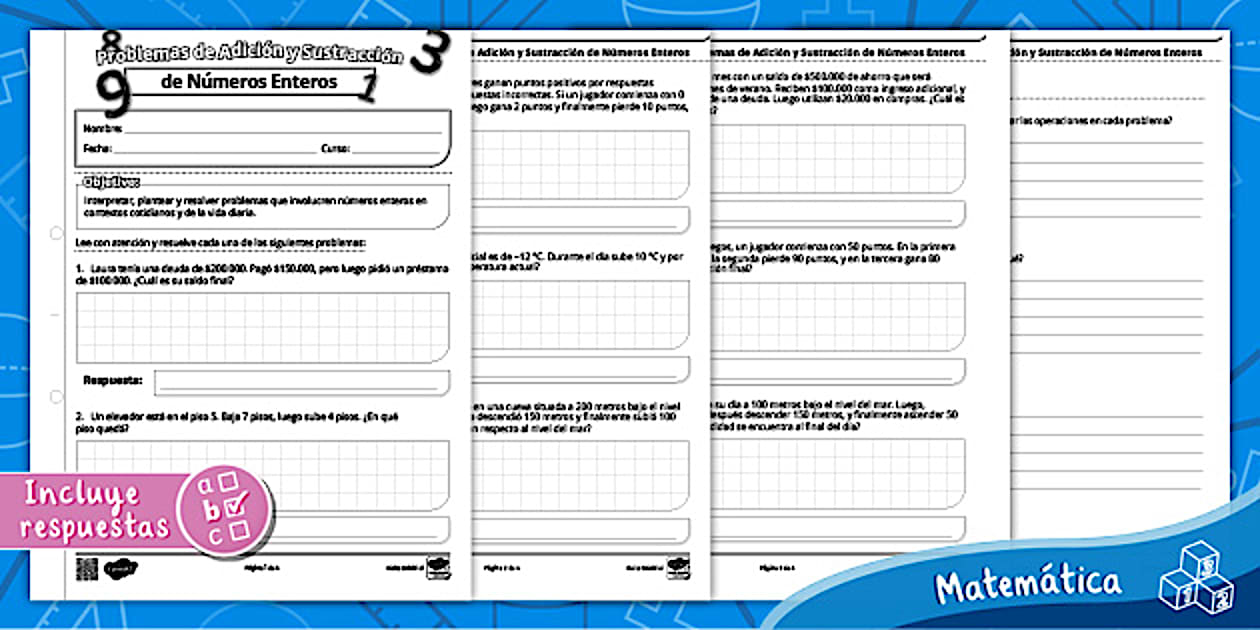 Problemas | Números Enteros | Conjunto Z | 7° | Unidad 1°