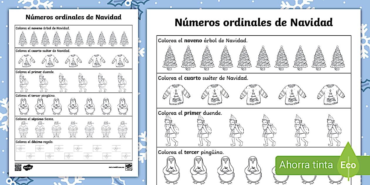 Hoja de actividad, números ordinales de Navidad - Twinkl