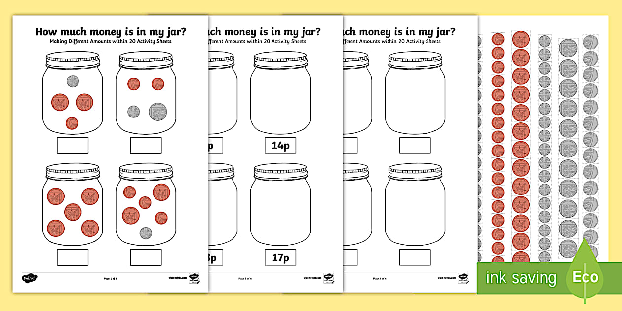 Editable How Much Money Is in My Jar? Making Different Amounts within 20