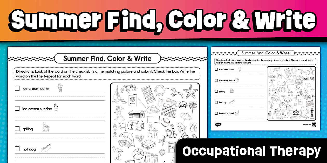 Summer Find, Color, and Write Worksheets for Occupational Therapy: Visual