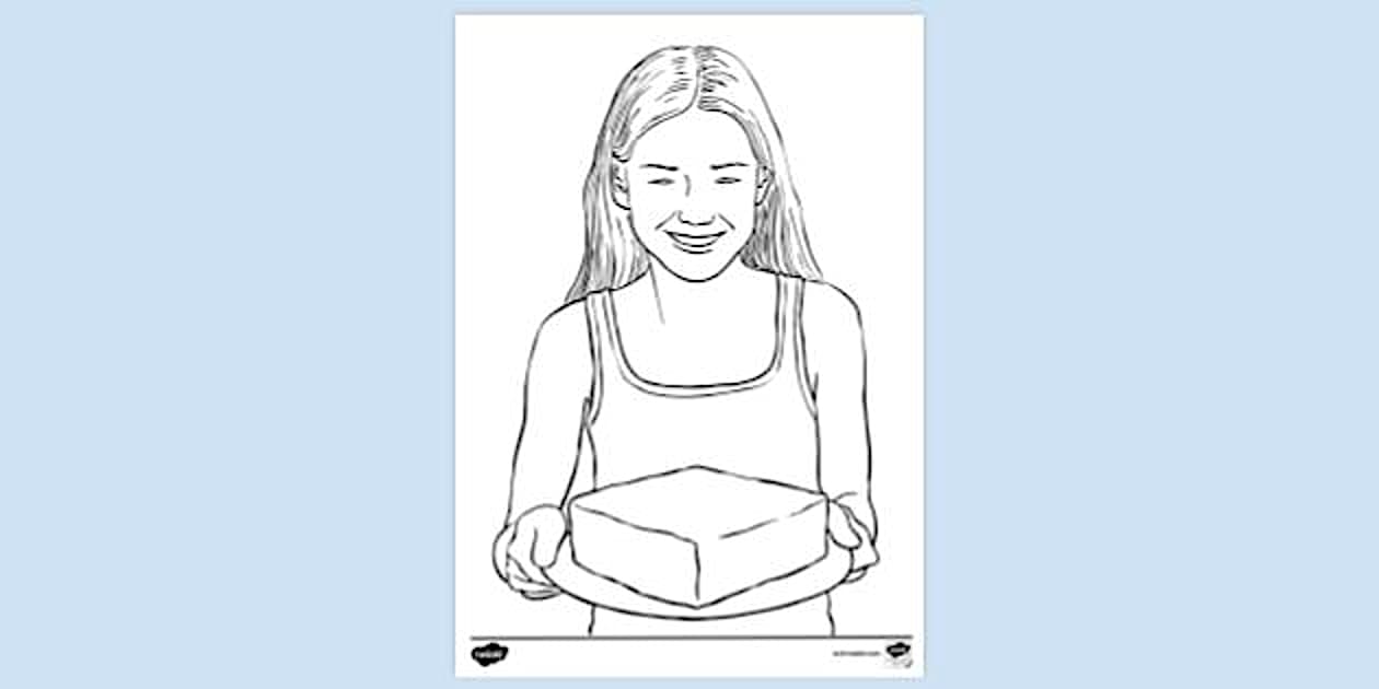 Girl With Square Cake Colouring | Colouring Sheets - Twinkl