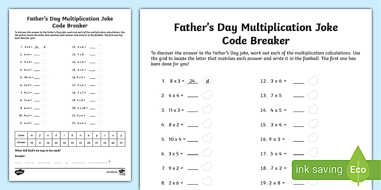 LKS2 Father's Day Multiplication Joke Code Breaker Worksheet
