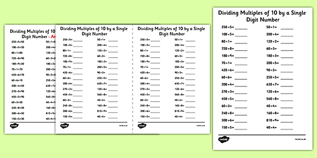 Dividing Multiples of 10 by 1 Digit Numbers A5 Worksheet / Worksheet