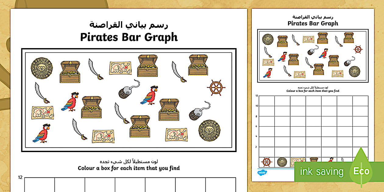 Black and White Pirates Bar Graph Worksheet Arabic/English