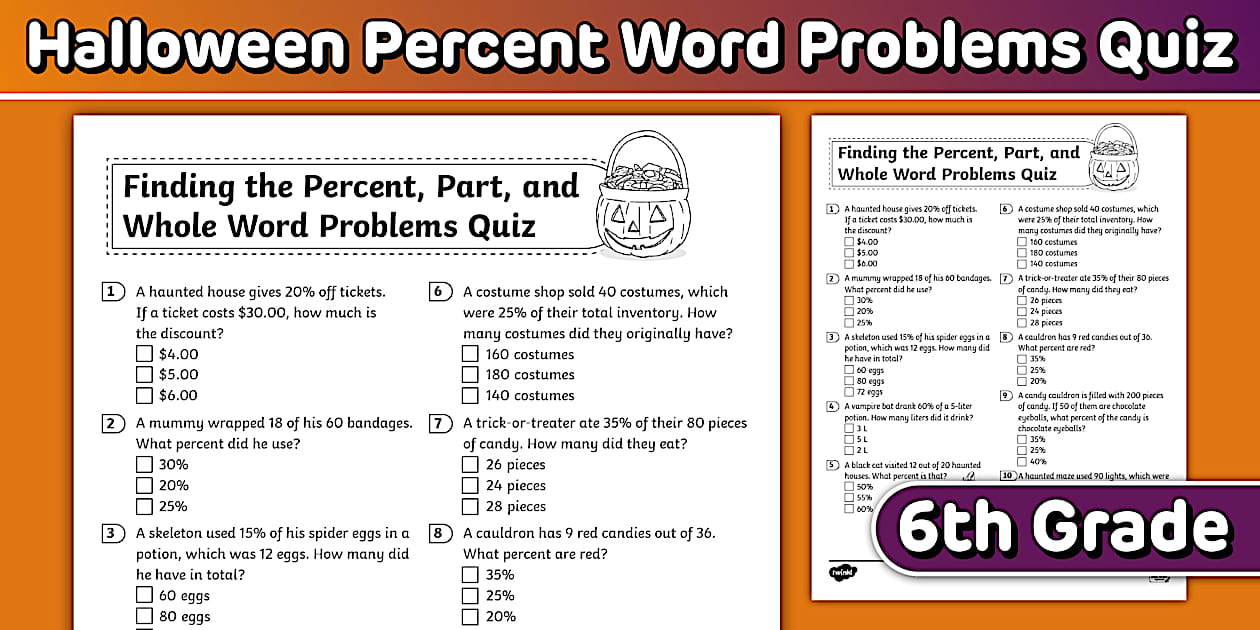Sixth Grade Halloween Percent Problems Quiz