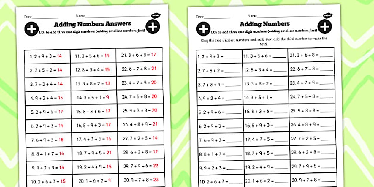 Adding 3 1 Digit Numbers Lesson 3 First Worksheet, Small, Maths