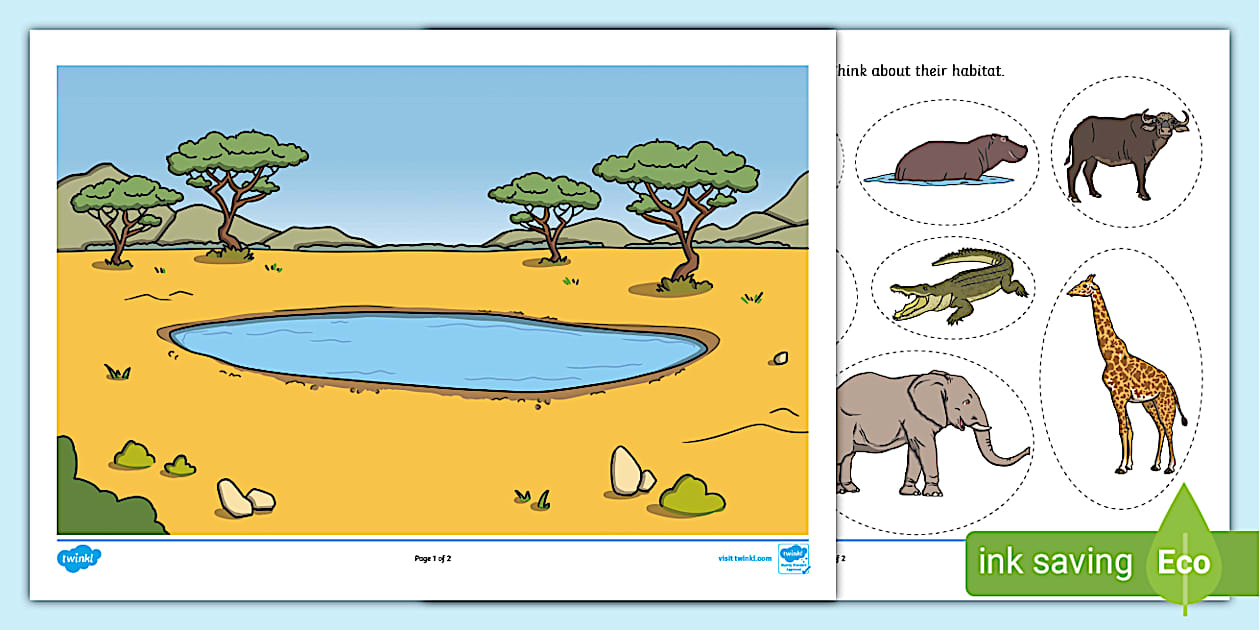 Kenyan Animal Habitats Cut and Stick Activity - KS1 - Twinkl