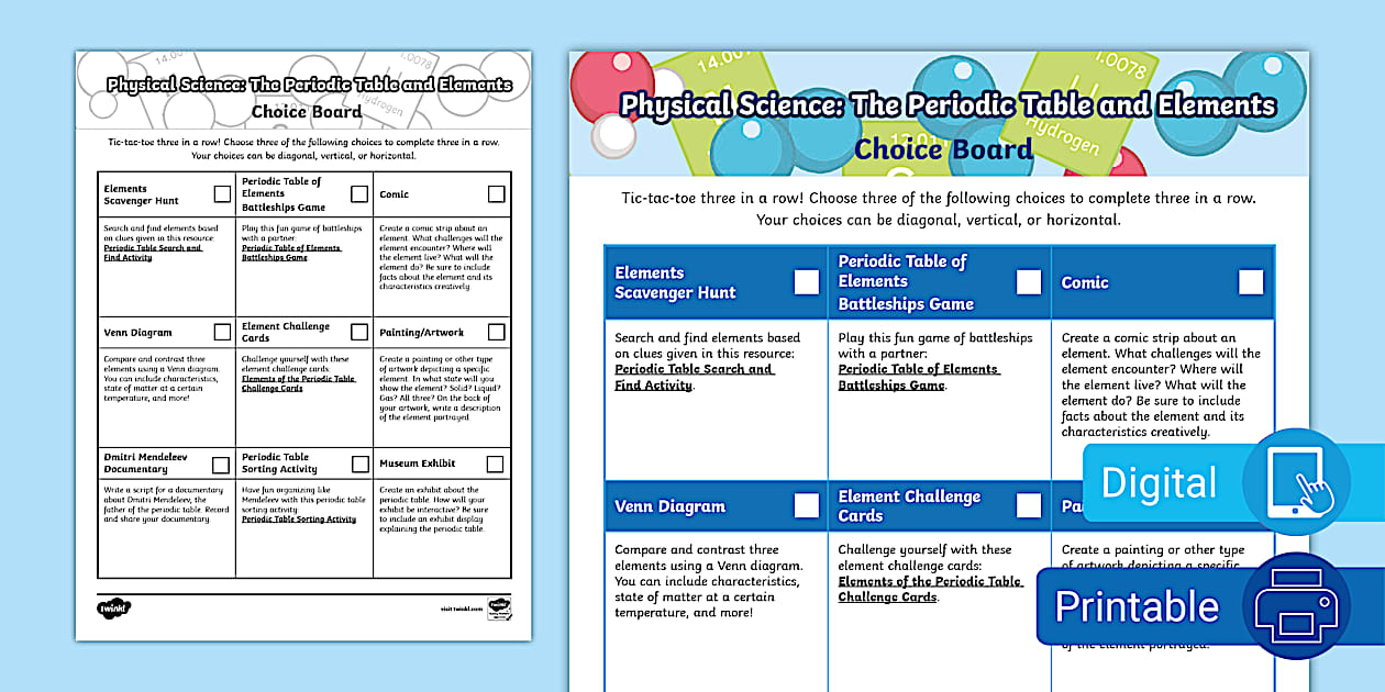Physical Science: The Periodic Table and Elements Choice Board