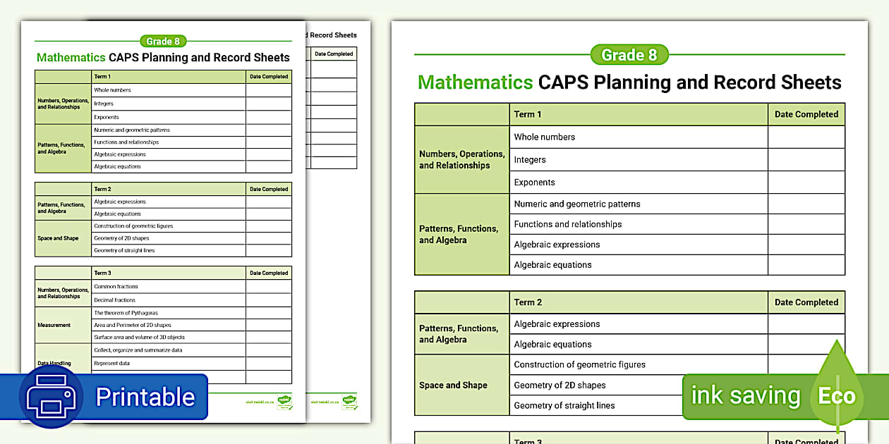 Grade 8 Maths Planning and Record Sheets – CAPS Based