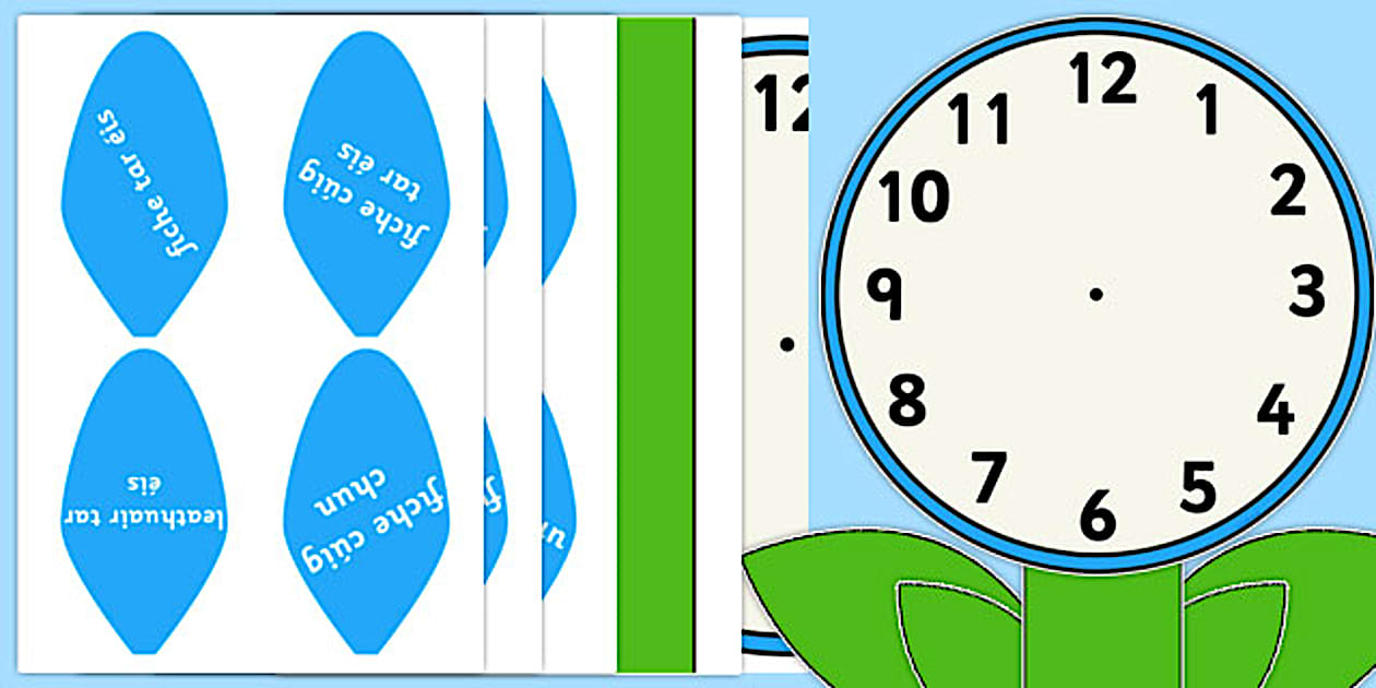Editable Analogue Clock Flower Labels Words Gaeilge - Twinkl