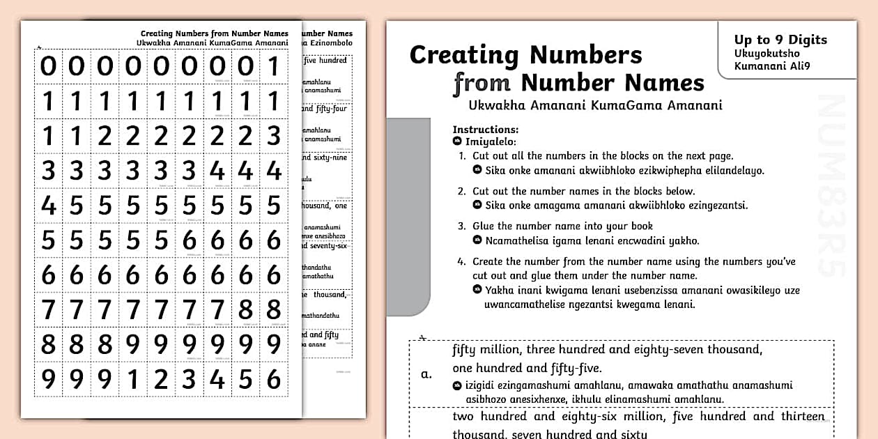 Creating Numbers from Number Names - Up to 9 Digits - Activity Sheet IsiXhosa