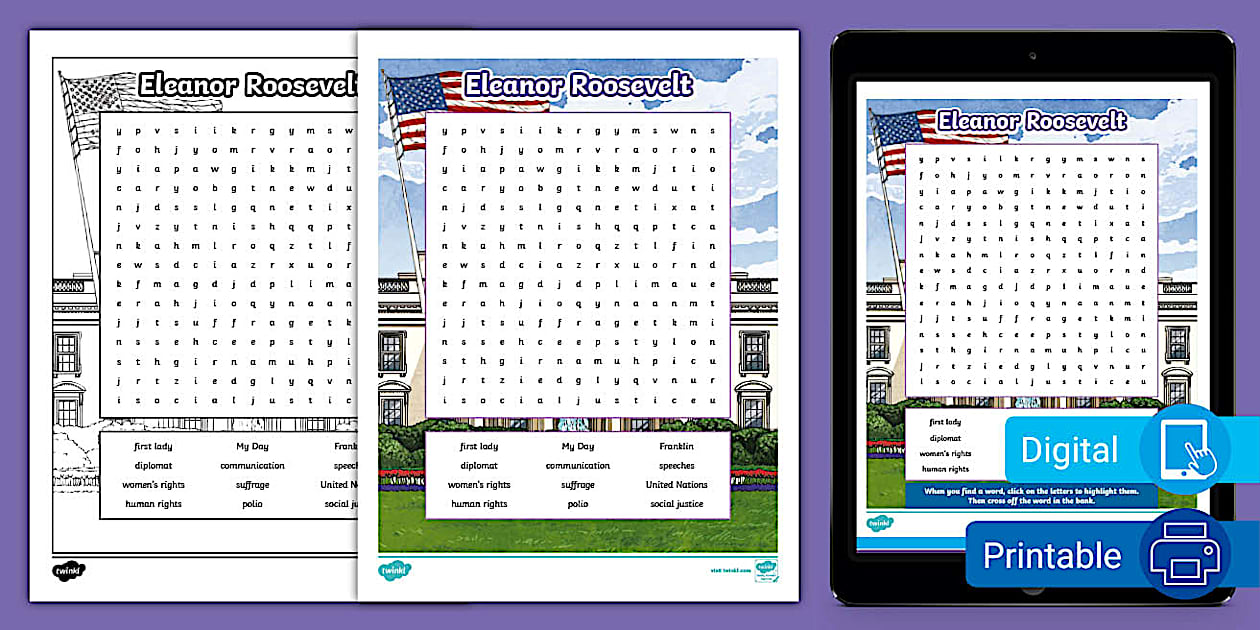 Eleanor Roosevelt Word Search for 3rd-5th Grade
