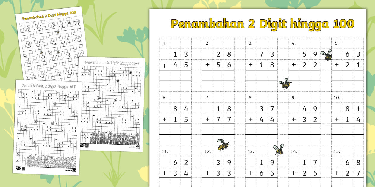 Lembaran Kerja Penambahan 2 Digit hingga 100 Bertemakan Musim Bunga