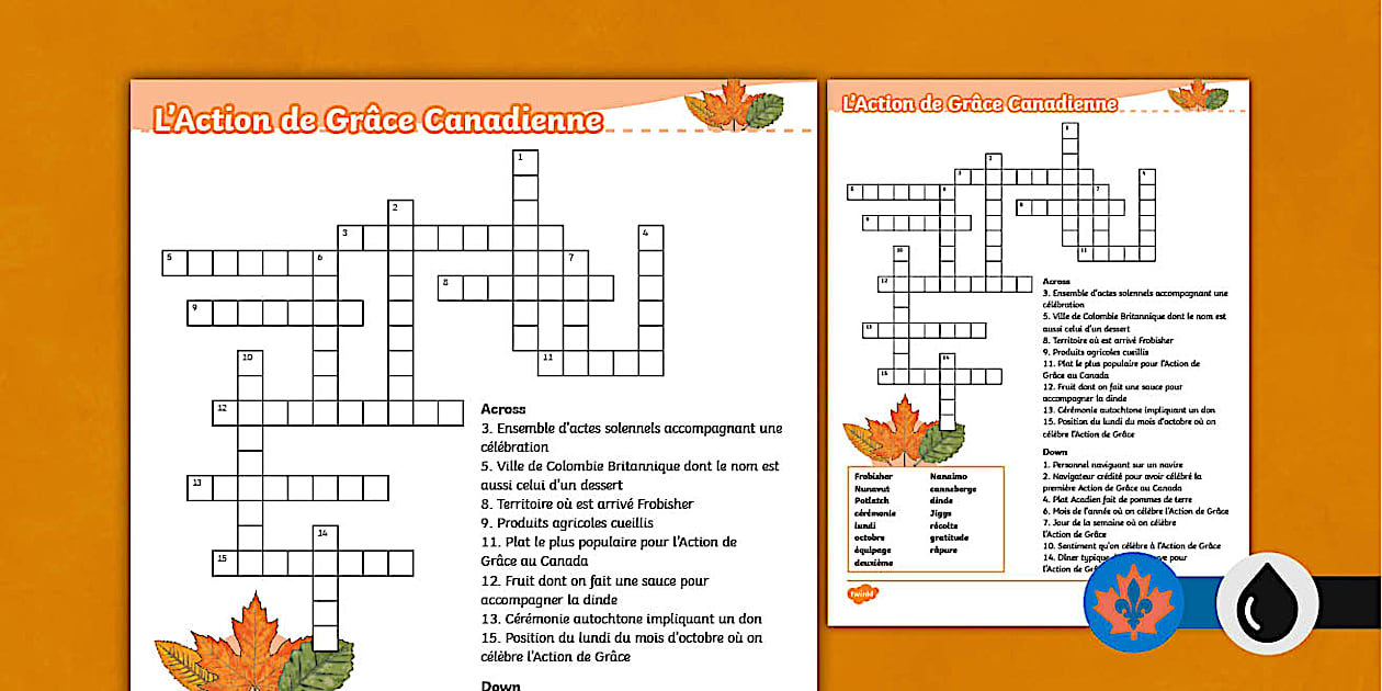 Canadian Thanksgiving Crossword French (Teacher-Made)
