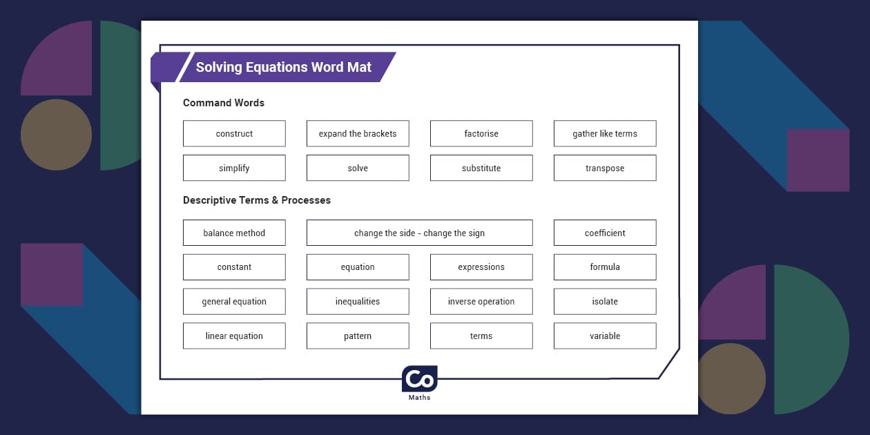 Solving Equations: Key Terms Revision Mat (teacher made)