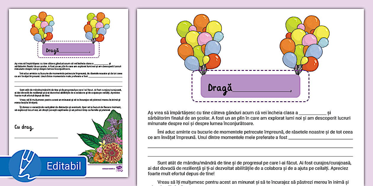 Scrisoare de final de an școlar pentru elevi Model editabil