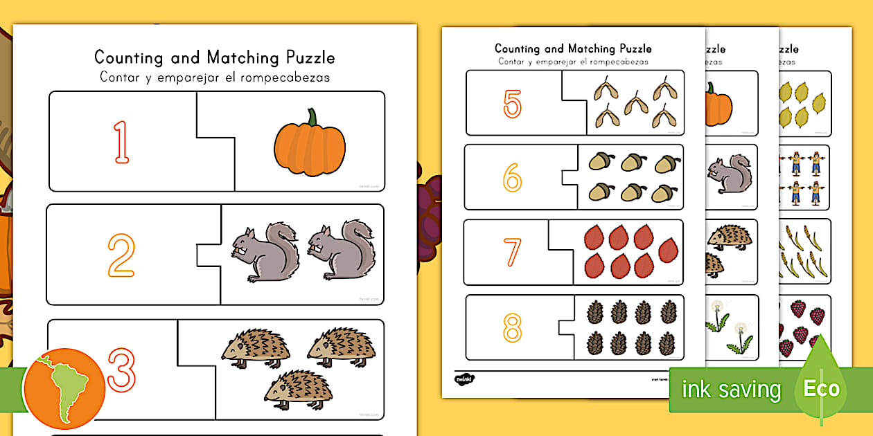 Fall-Themed Counting Puzzle English/Spanish (teacher made)